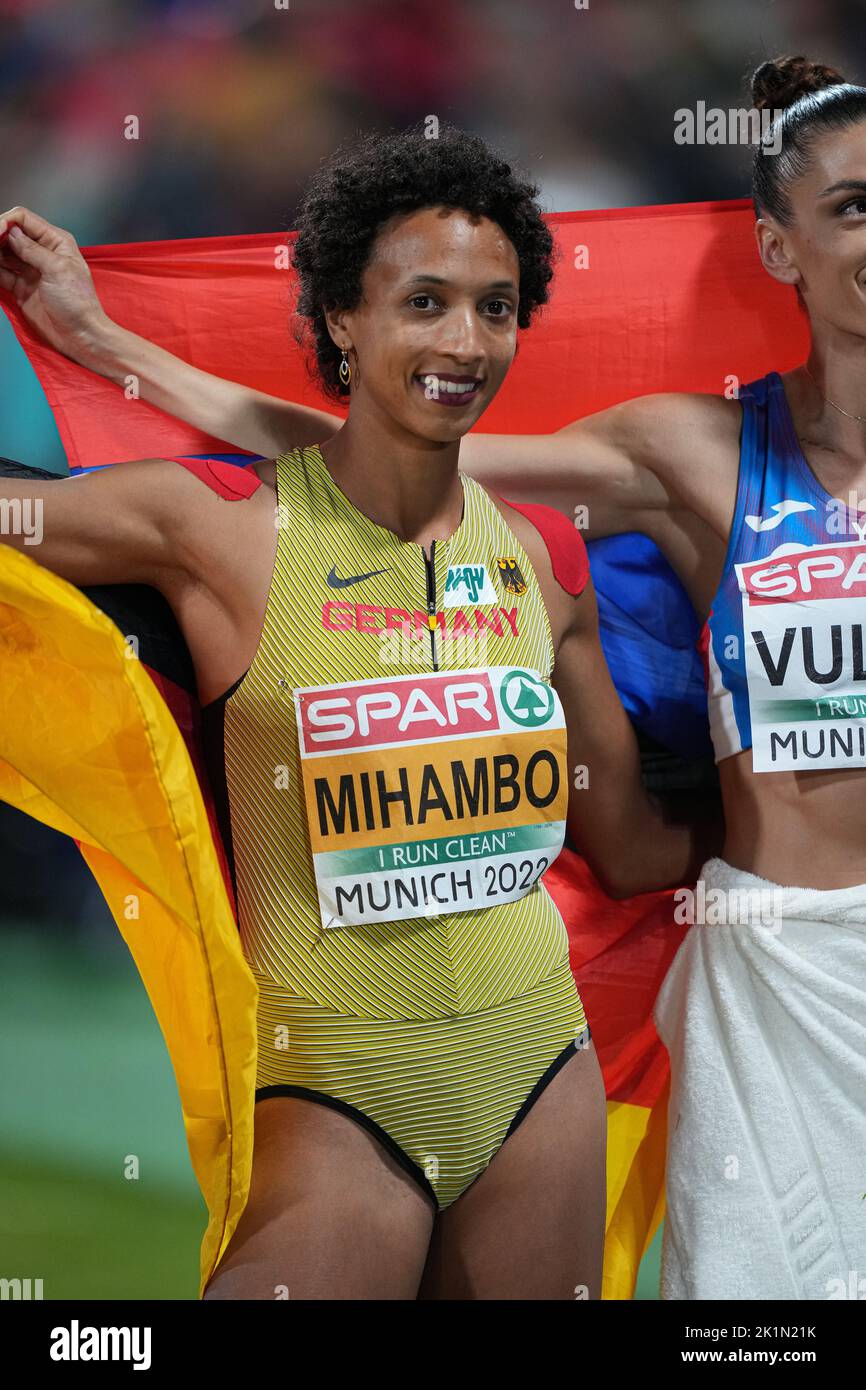 Malaika Mihambo with her country's flag of the long Jump at the ...