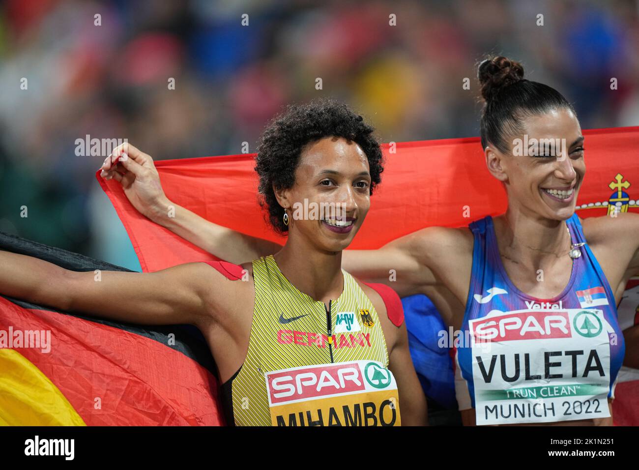 Malaika Mihambo with her country's flag of the long Jump at the ...