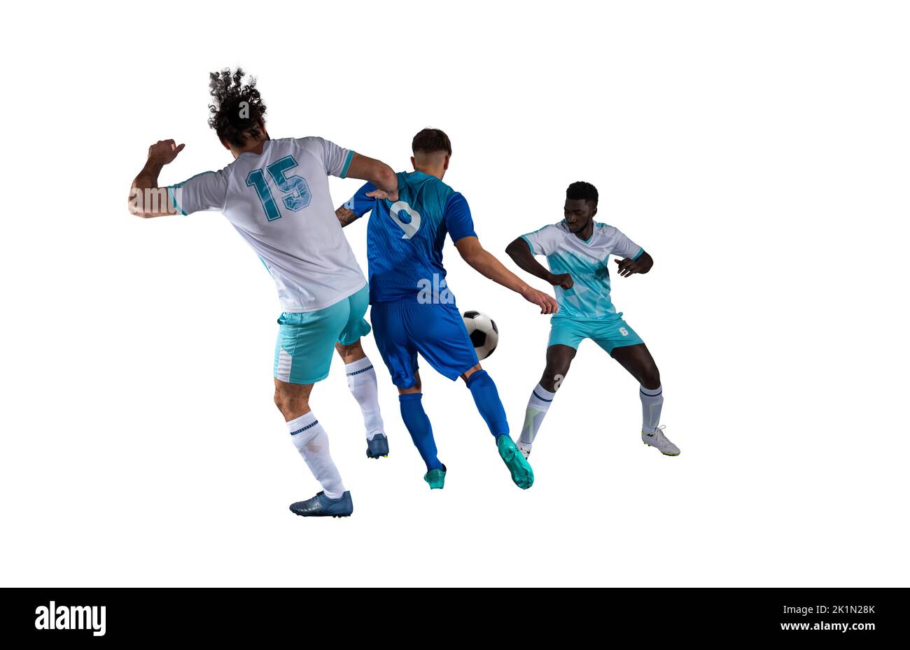 Football action scene with competing soccer players on white background ...