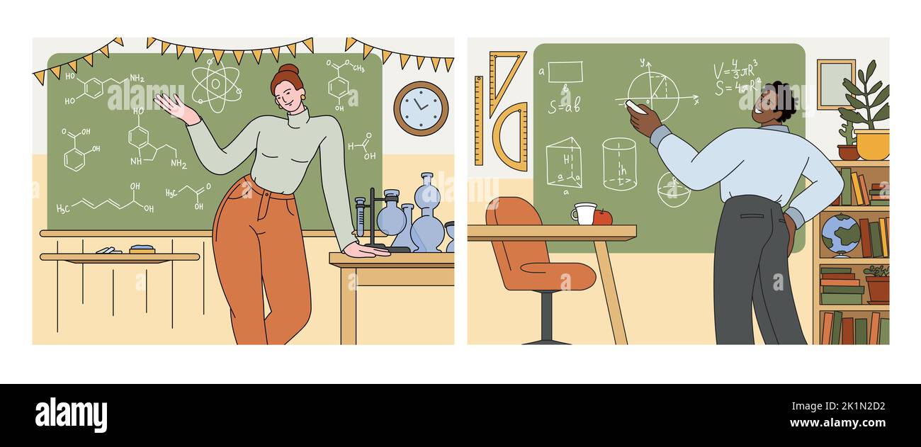 Flat school woman and man teachers standing at chalkboards in classroom ...