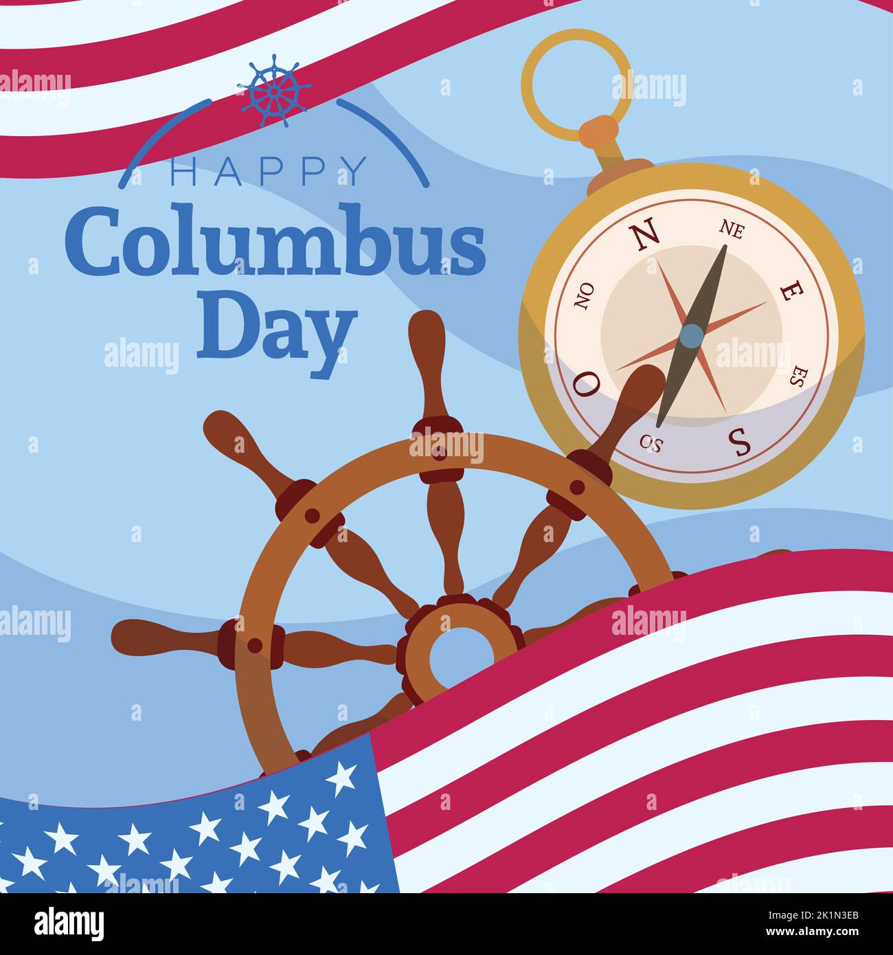 Wooden ship wheel and compass Colored columbus day poster Vector Stock ...