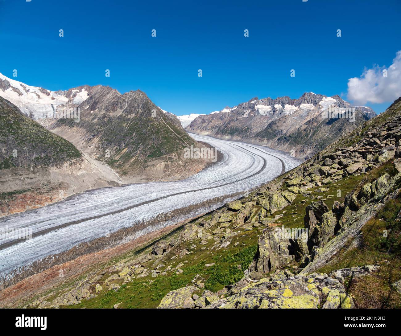 View over the mighty Aletsch Glacier and ice valley in Switzerland ...