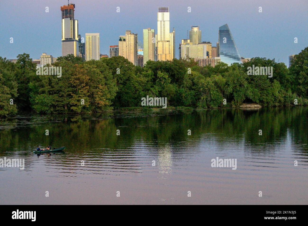 Sunset over the Austin Texas Skyline with Lady Bird Lake Colorado River ...