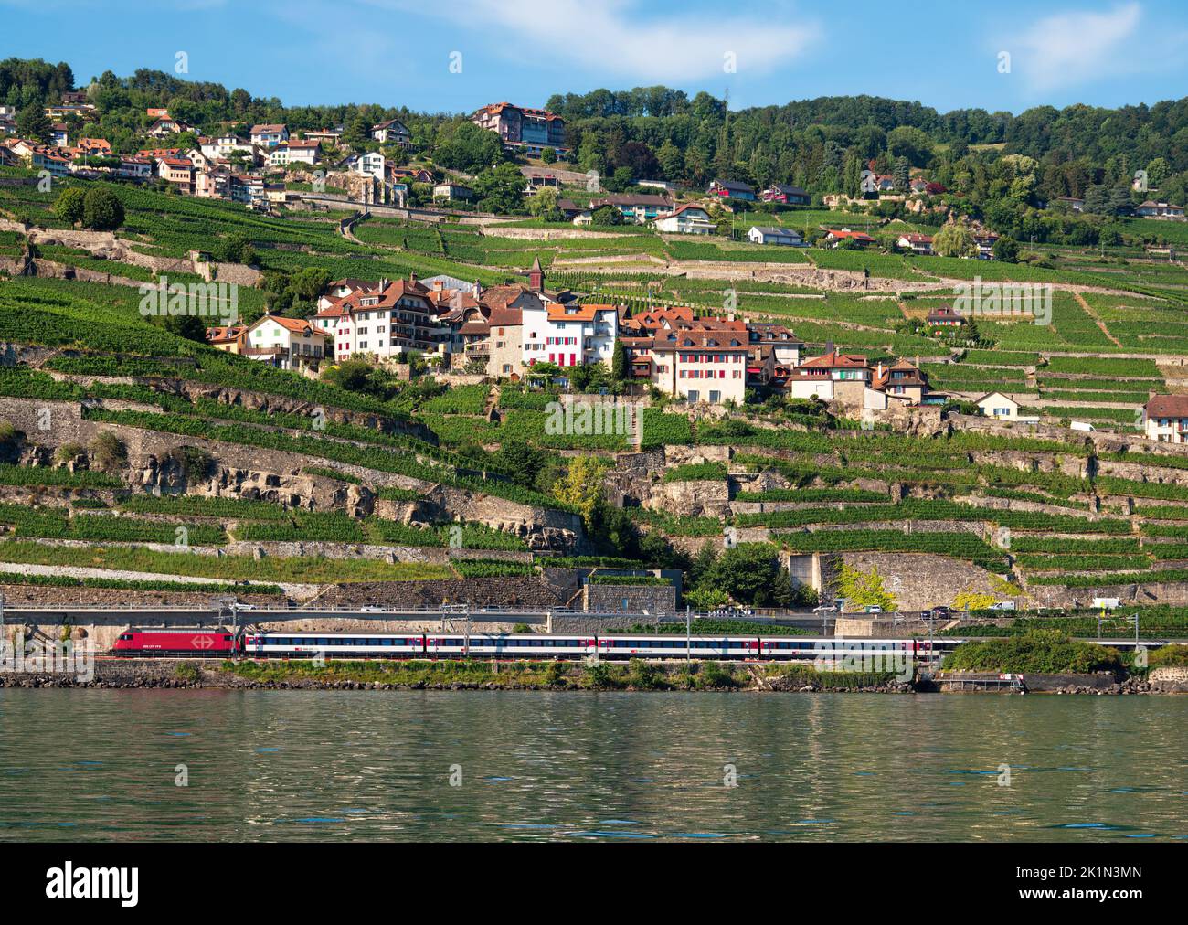 Rivaz, Switzerland - July 14, 2022: A Swiss Railways train passes the ...