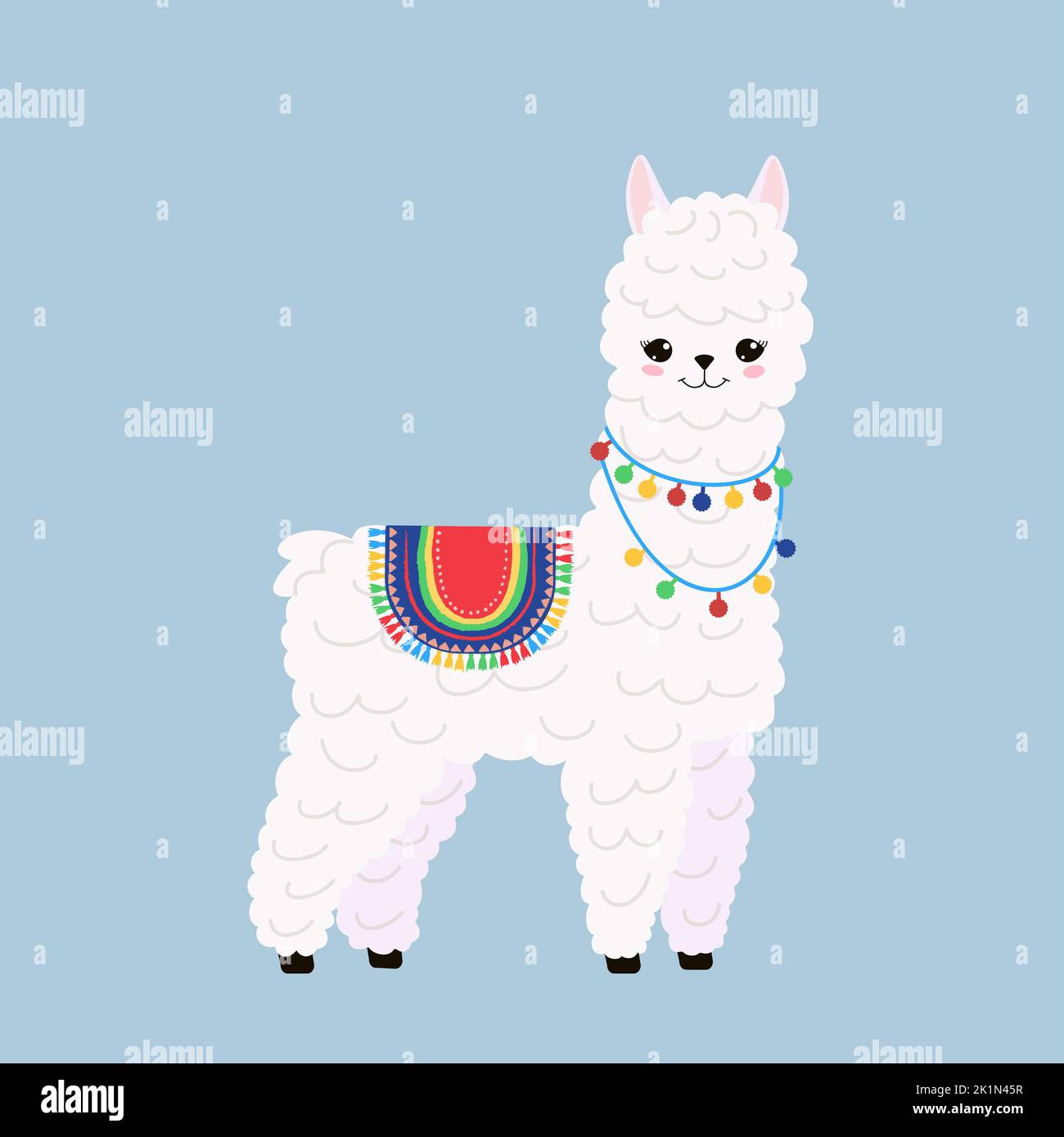 Funny llama isolated on blue background. Cute kawaii alpaca character ...