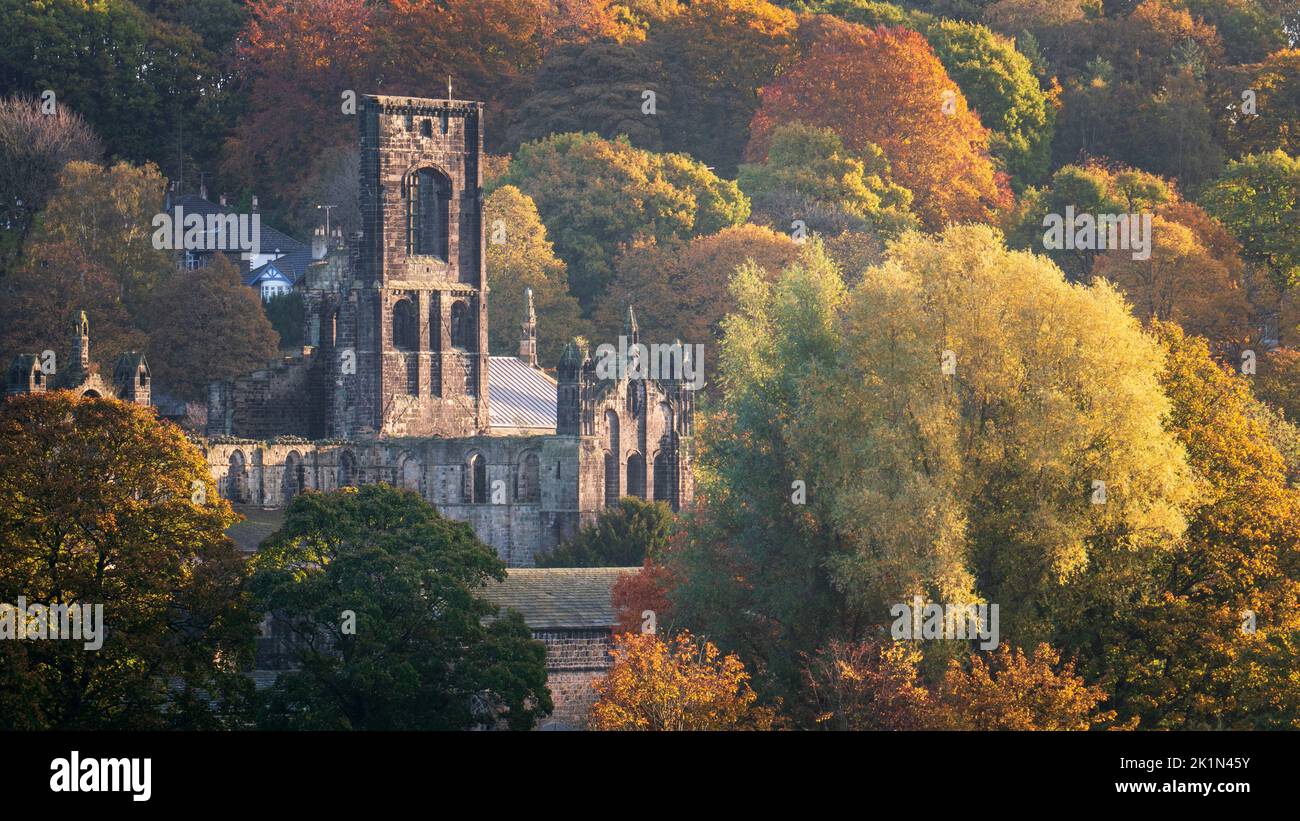 Kirkstall Abbey is surrounded by beautiful autumnal foliage on a hazy ...