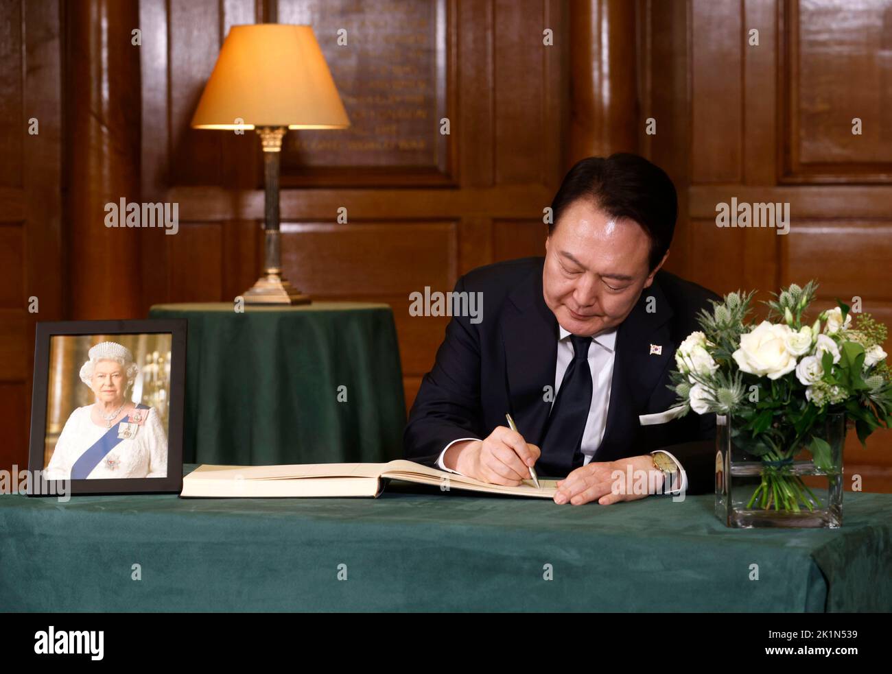 President of South Korean, Yoon Suk-yeol, signs a book of condolence at ...
