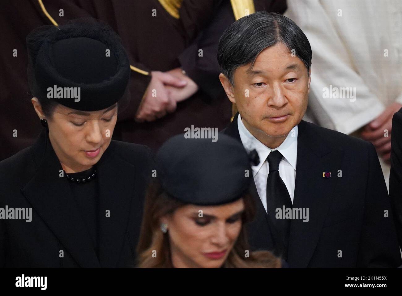 Emperor Naruhito of Japan and Empress Masako of Japan attending the State Funeral of Queen ...
