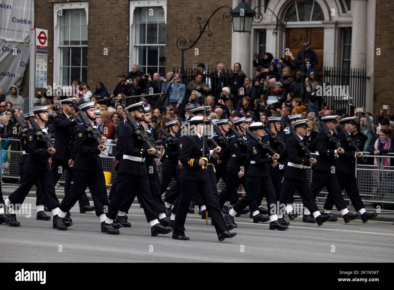 London, UK. 19th Sep, 2022. Royal Navy seen marching down Whitehall ...