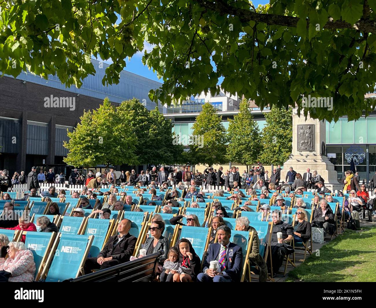 People watch the funeral of Queen Elizabeth II on a big screen in Old ...