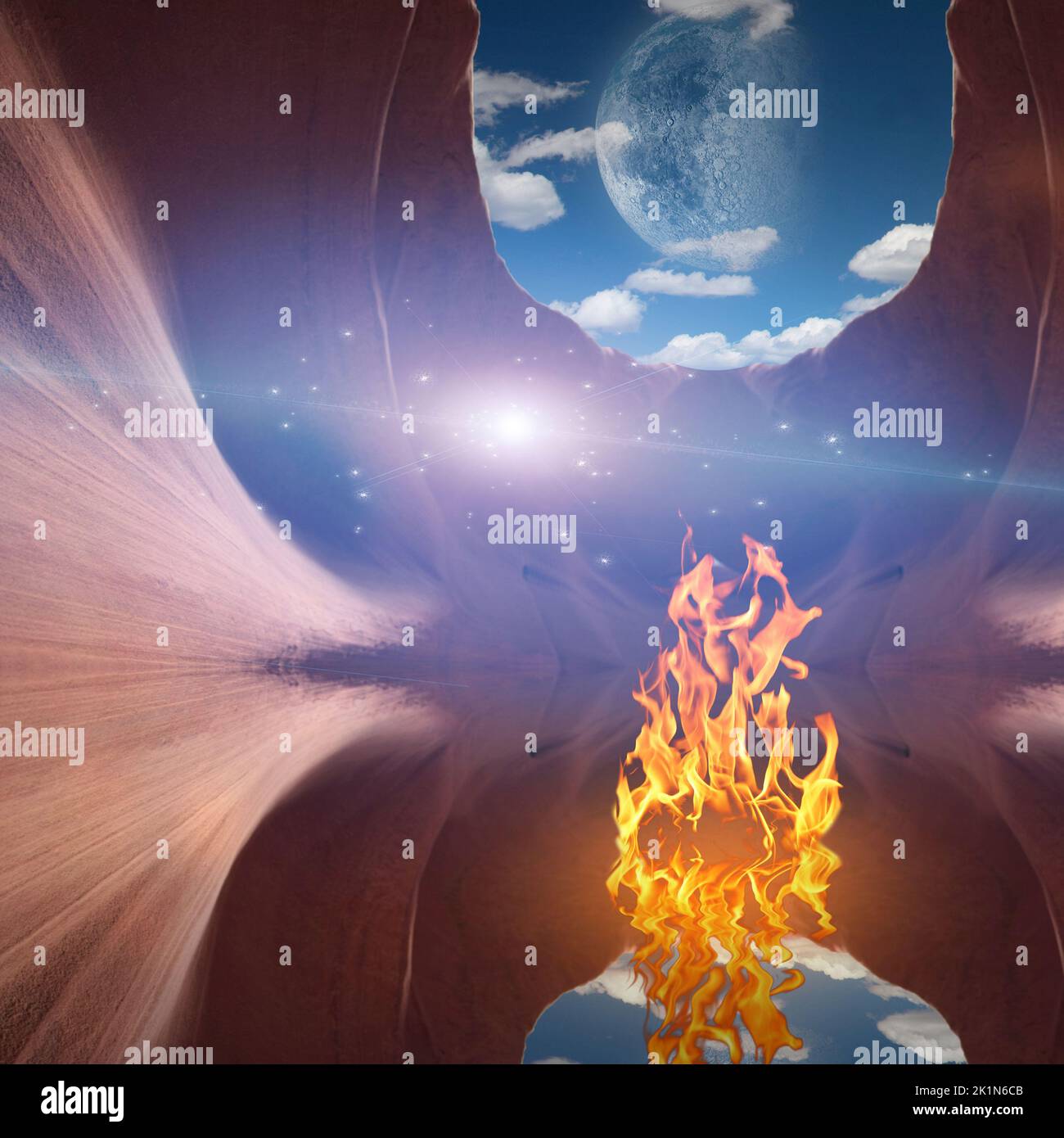 Mystic fire in red cave. 3D rendering Stock Photo - Alamy