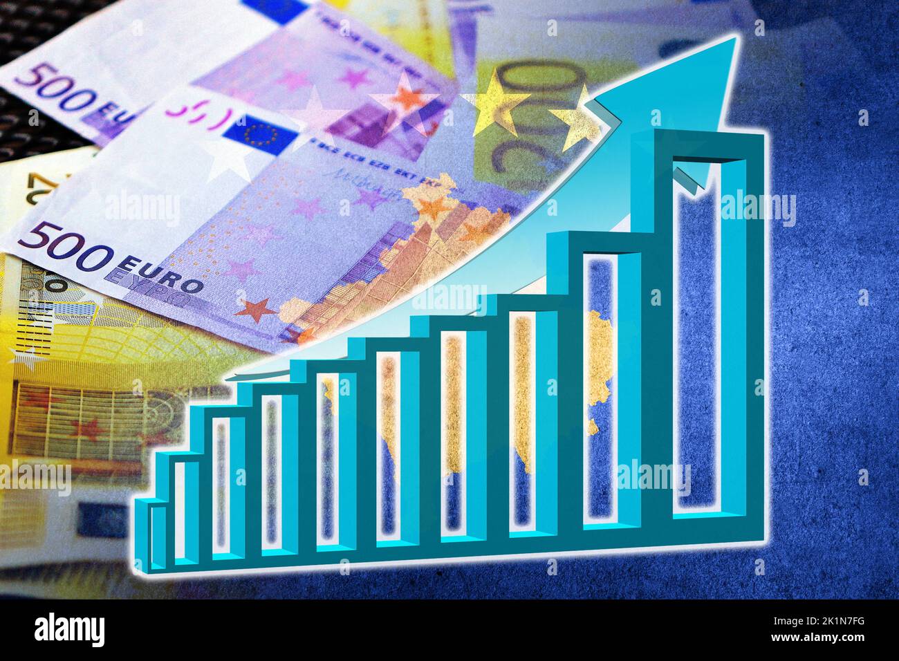 Economy graph: rising arrow, cash euro banknotes and Kosovo flag (Money ...