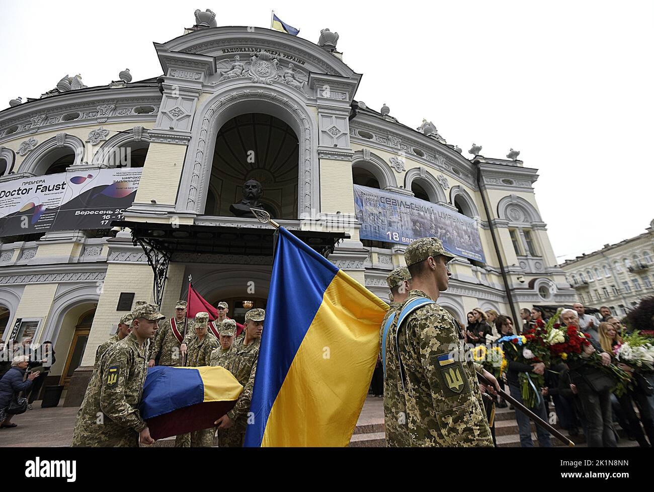 KYIV, UKRAINE - SEPTEMBER 17, 2022 - Servicemen carry the coffin of ...
