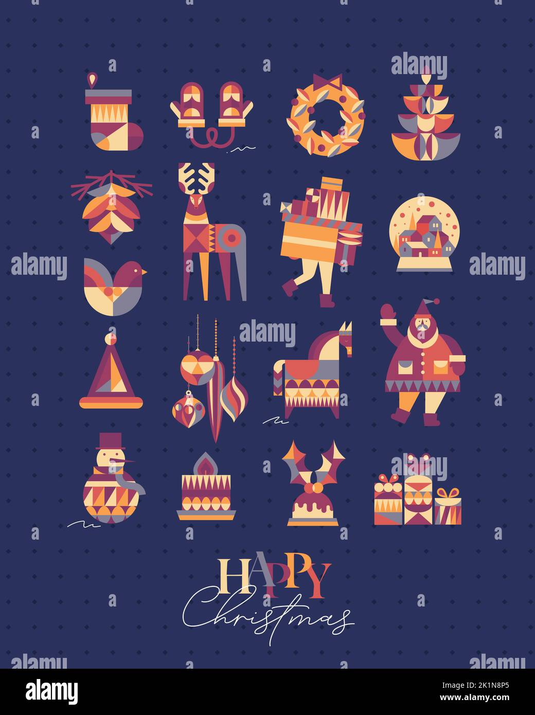 Set of Christmas symbols in cubism style sock, gloves, wreath, tree ...