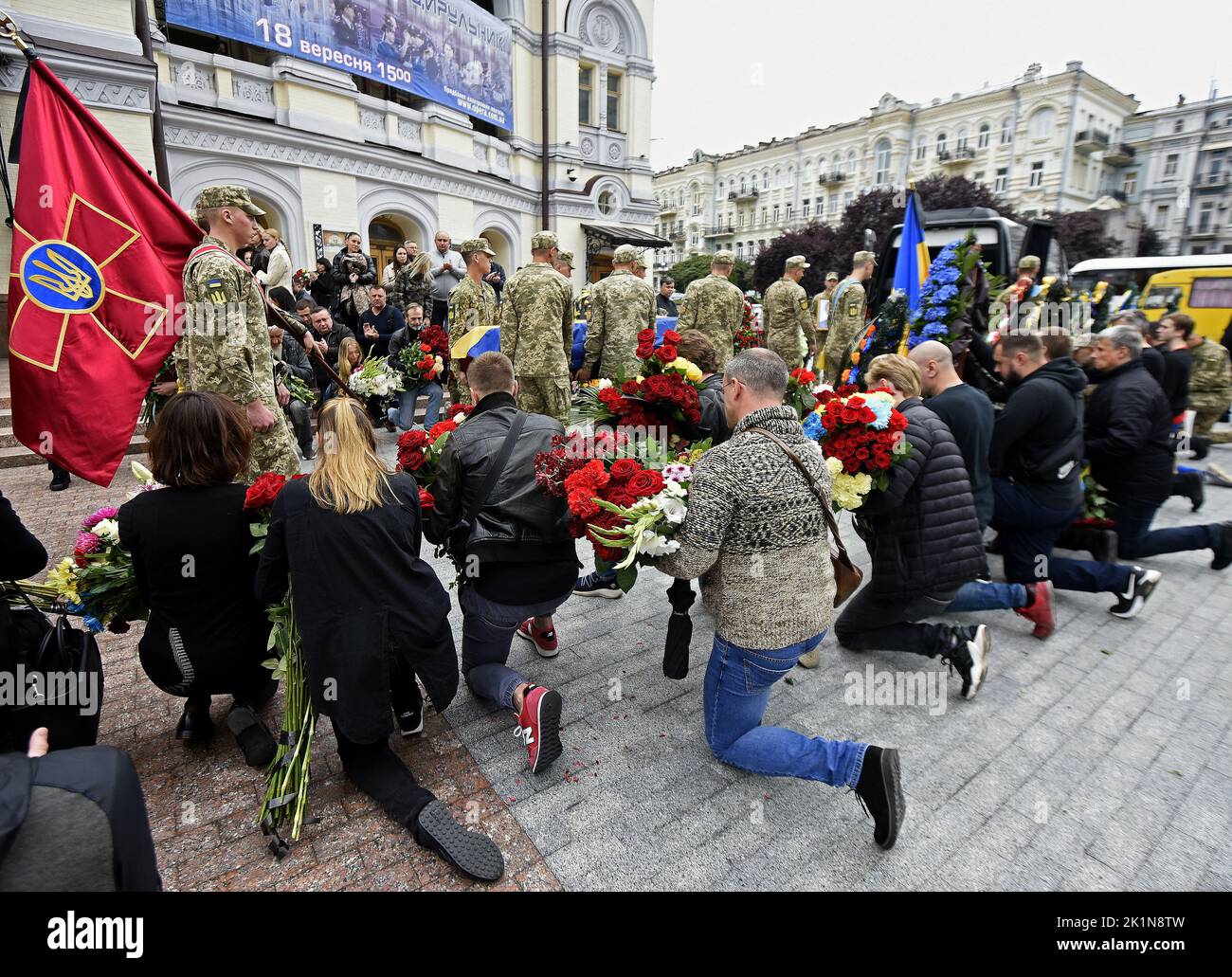 KYIV, UKRAINE - SEPTEMBER 17, 2022 - People kneel to show their respect ...