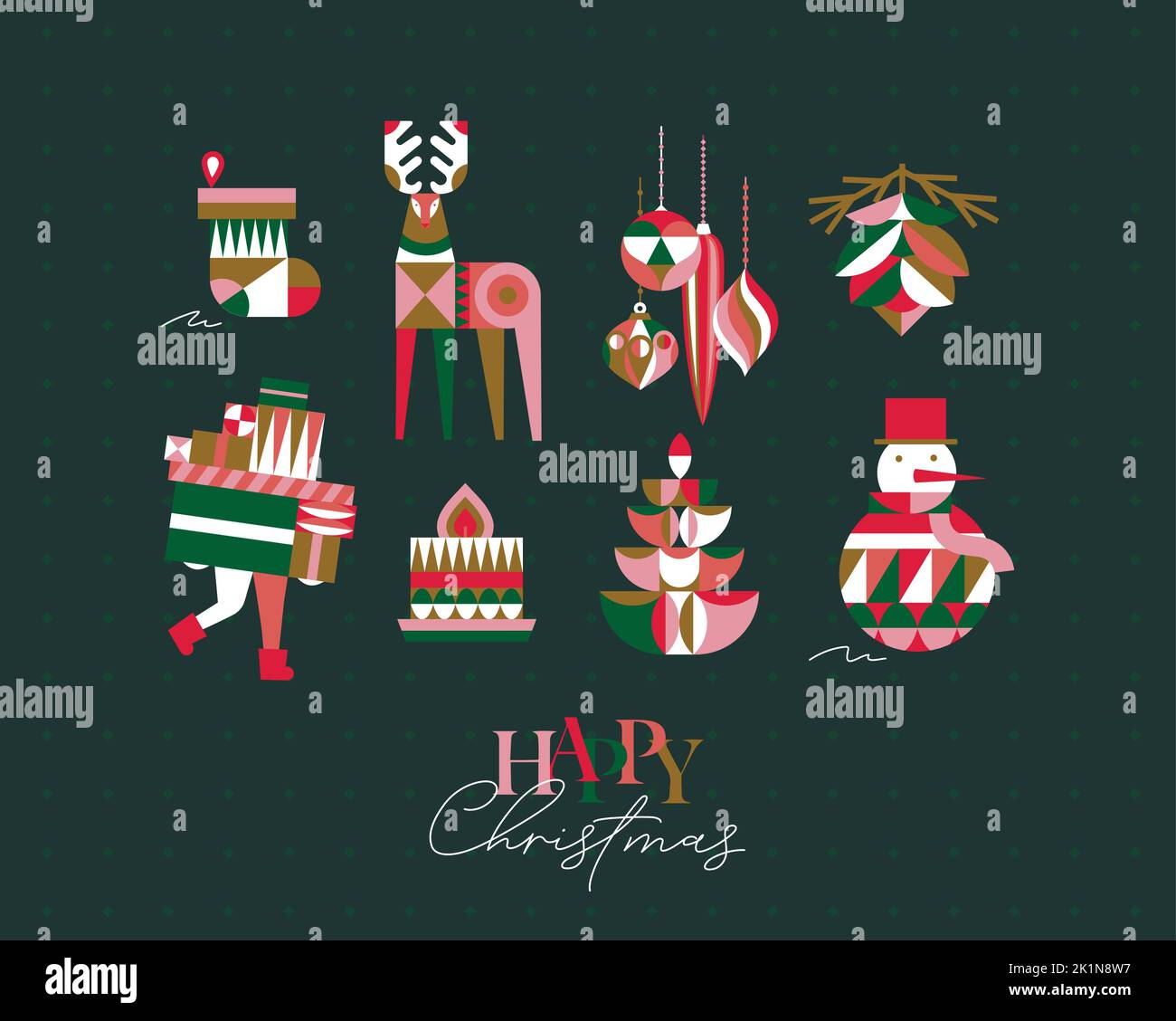 Set of Christmas symbols in cubism style sock, tree, cone, tree ...