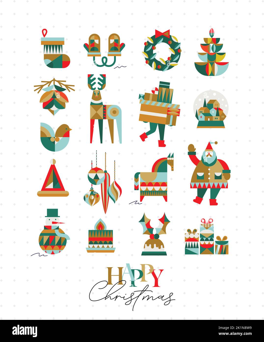 Set of Christmas symbols in cubism style sock, gloves, wreath, tree ...