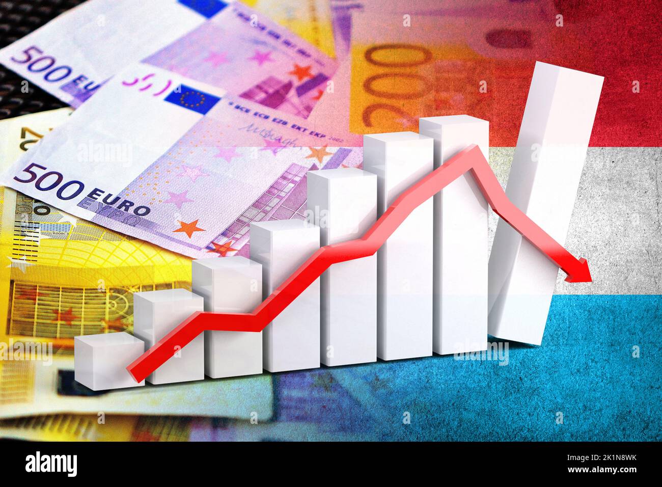 Economy Graph: Downward Arrow, Euro Cash Banknotes and Luxembourg Flag ...