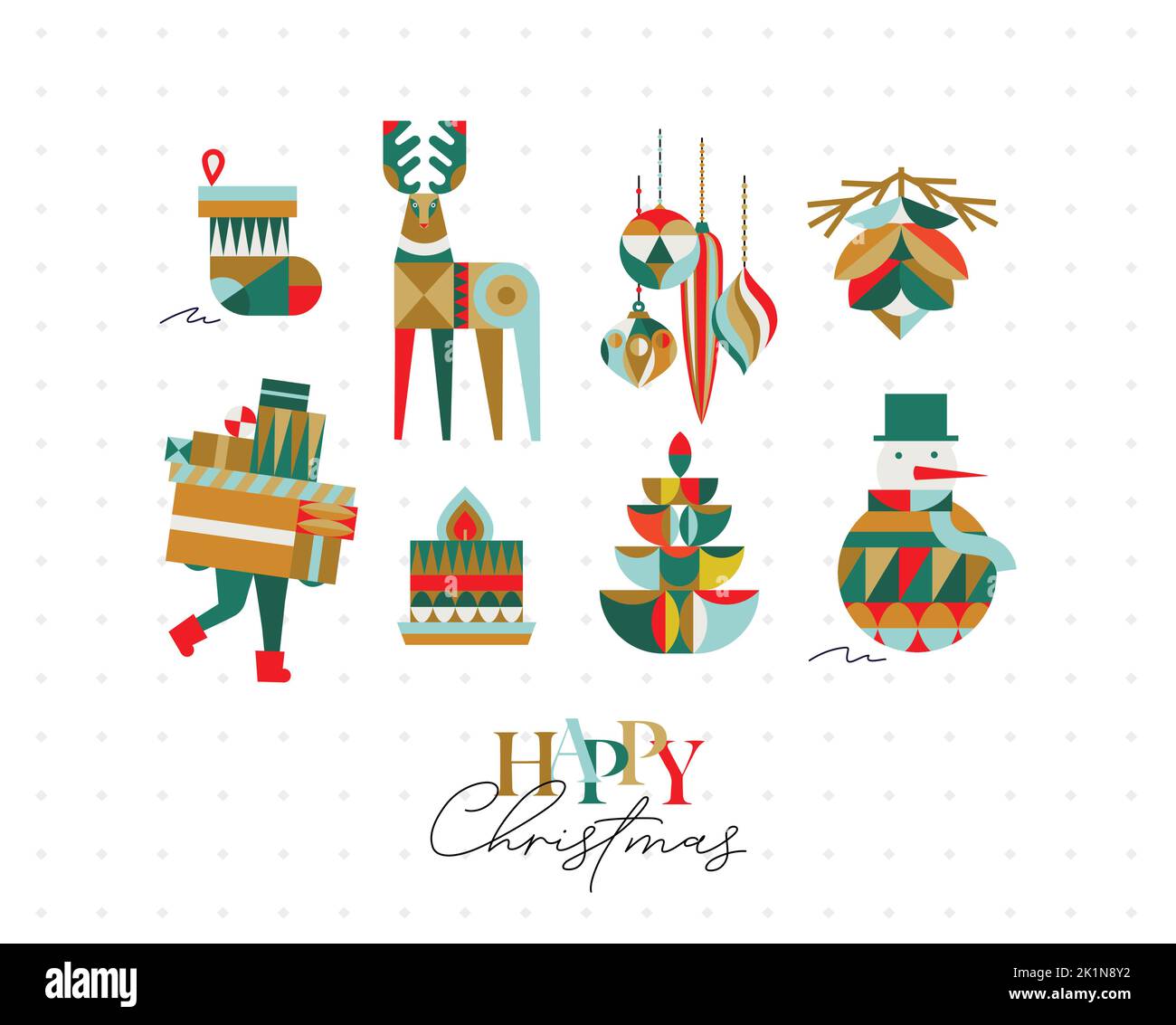 Set of Christmas symbols in cubism style sock, tree, cone, tree ...