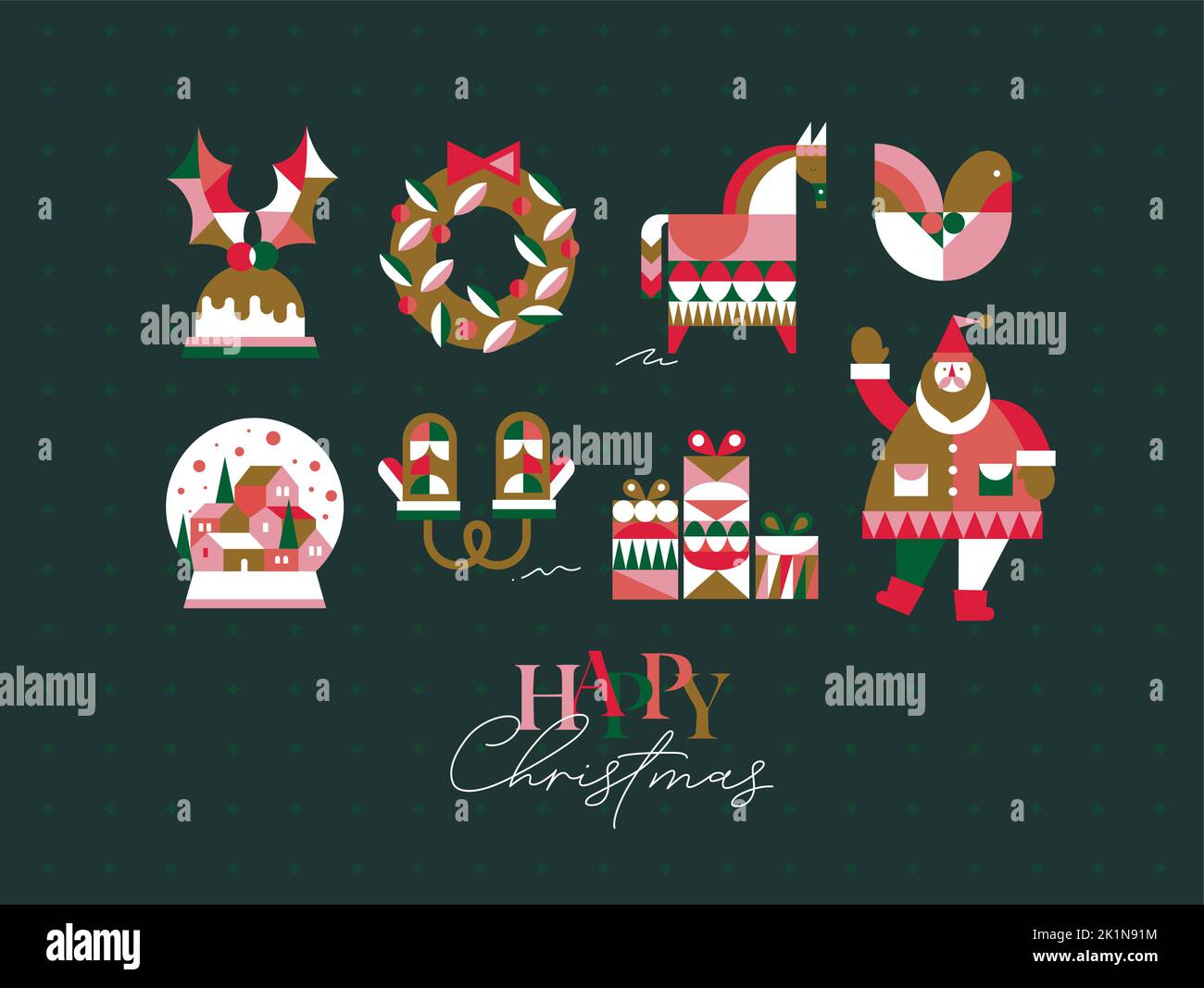 Set of Christmas symbols in cubism style gloves, wreath, gifts, winter ...