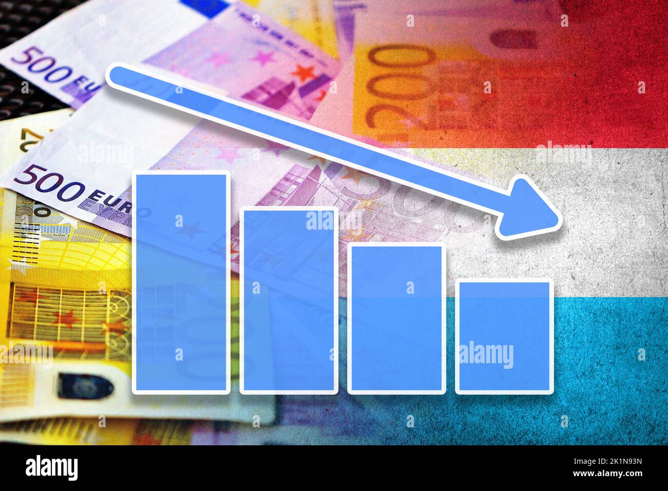Economy Graph: Downward Arrow, Euro Cash Banknotes and Luxembourg Flag ...