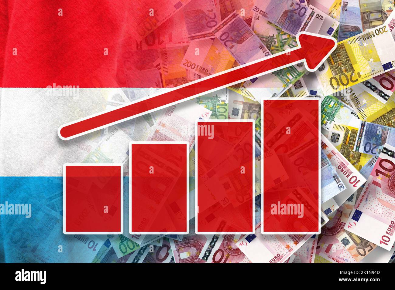 Economy graph: rising arrow, cash euro banknotes and Luxembourg flag ...