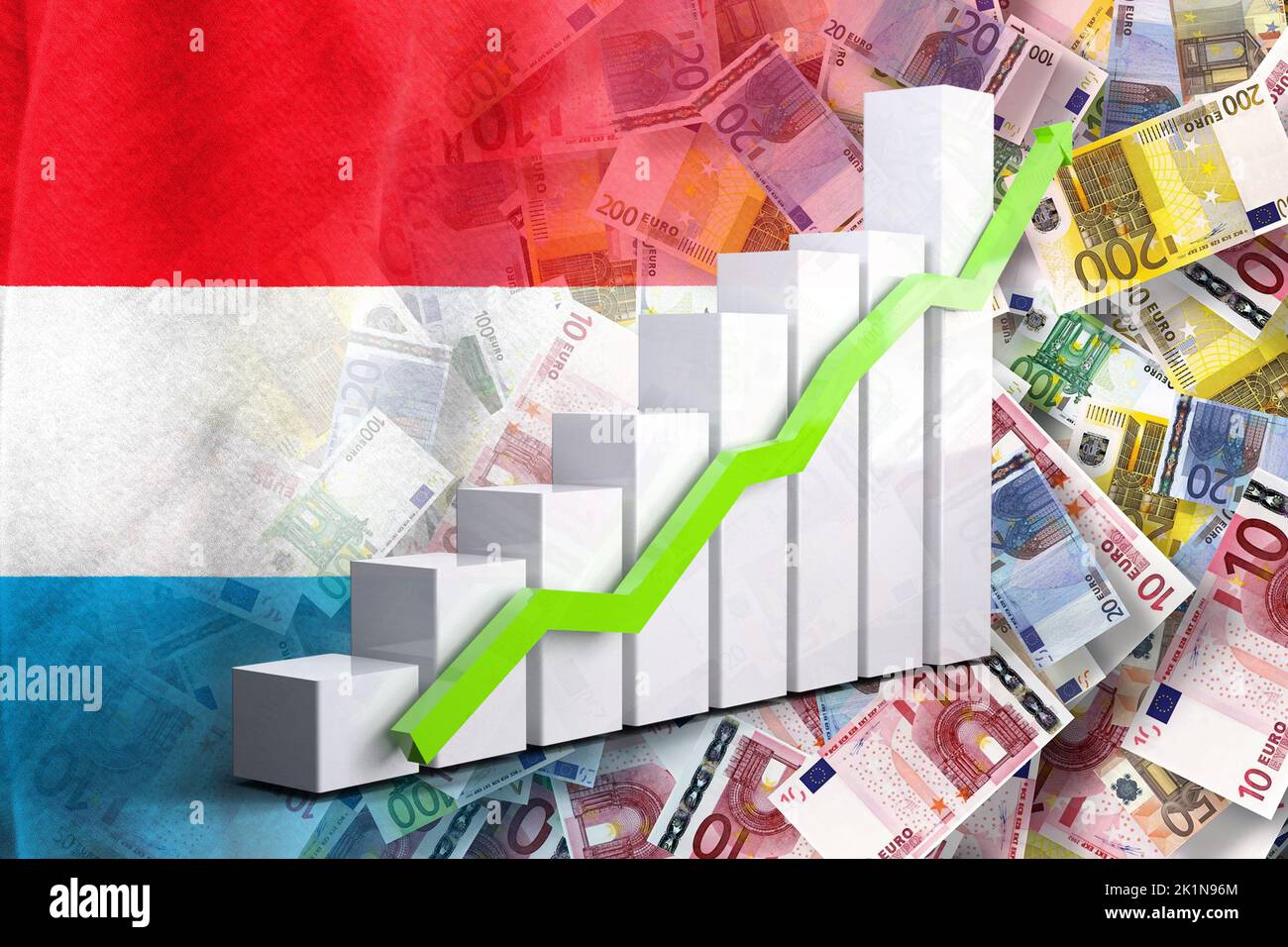 Economy graph: rising arrow, cash euro banknotes and Luxembourg flag ...