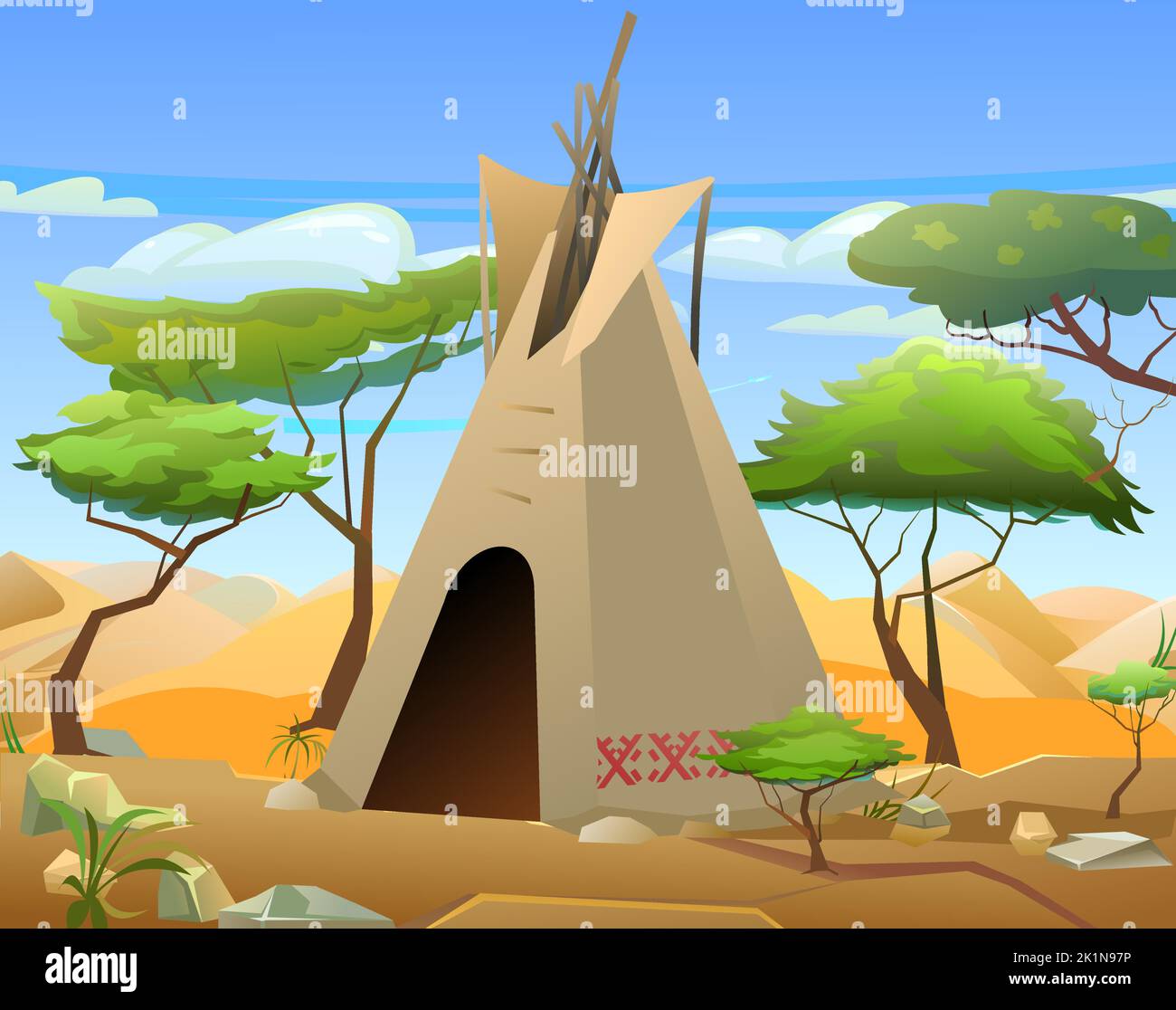 Indians wigwam hut made of felt and skins. Among trees. North American ...