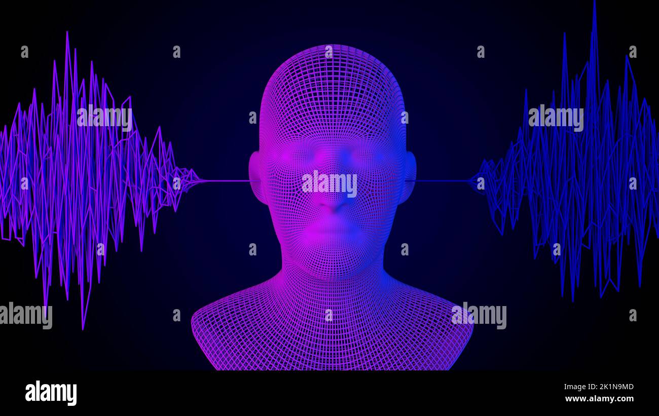 3d digital human face in abstract sound data wave flow. Futuristic had ...