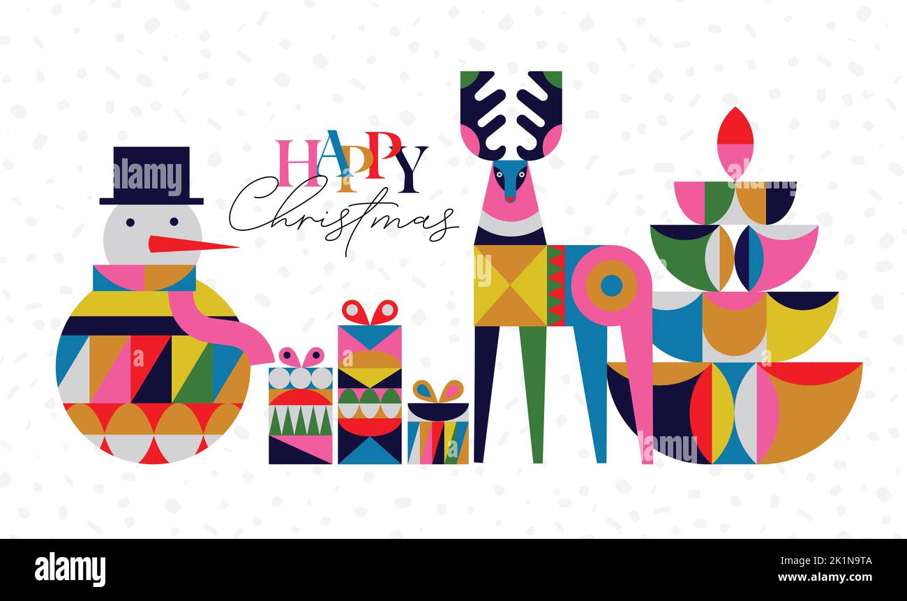 Poster snowman, present box, deer, tree lettering happy christmas in ...