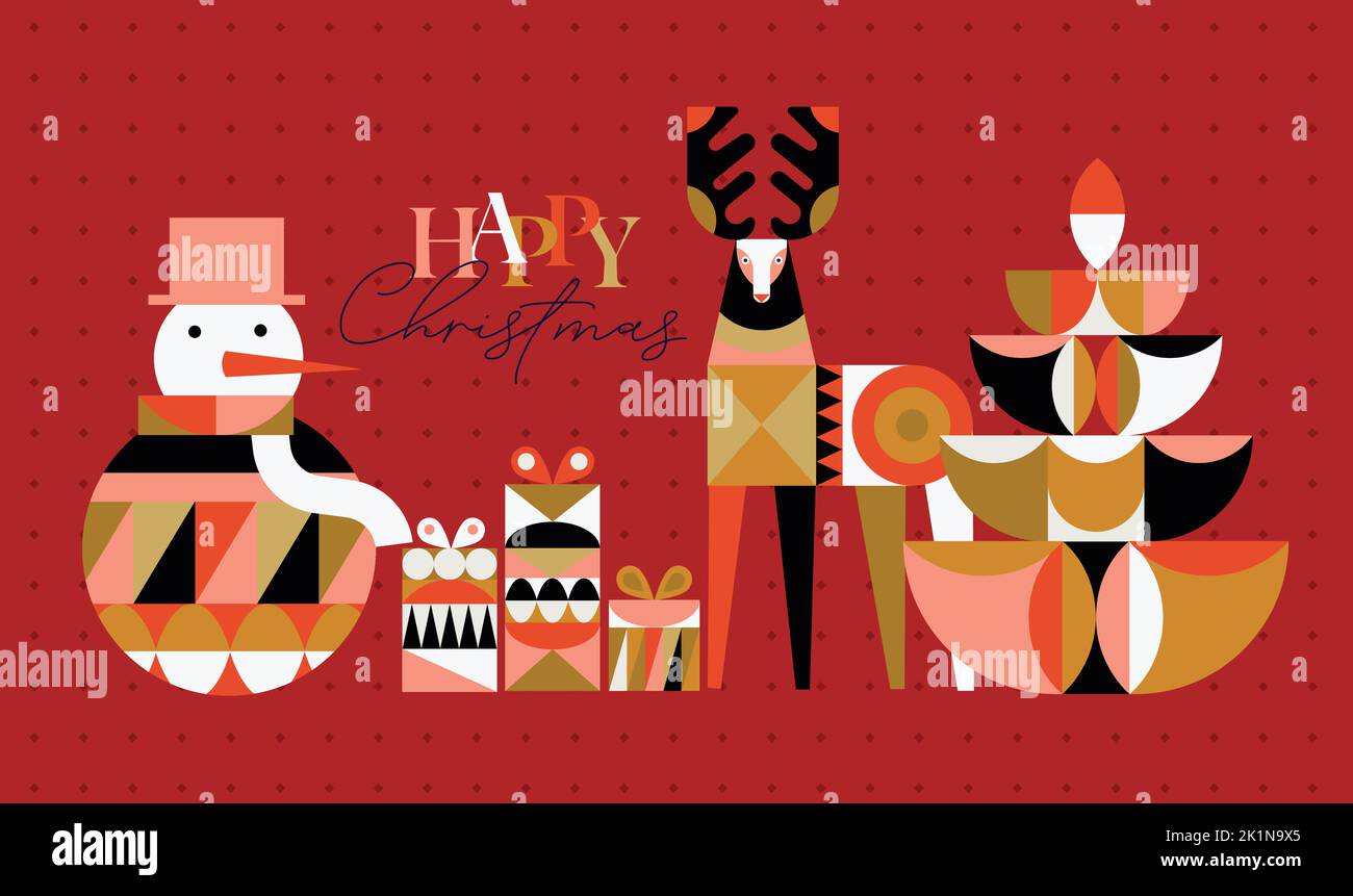 Poster snowman, present box, deer, tree lettering happy christmas in ...