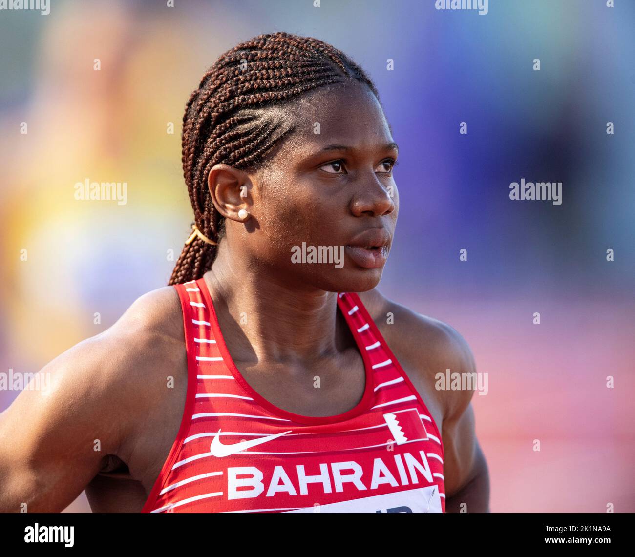Aminat Jamal of Bahrain competing in the women’s 400m hurdles at the ...
