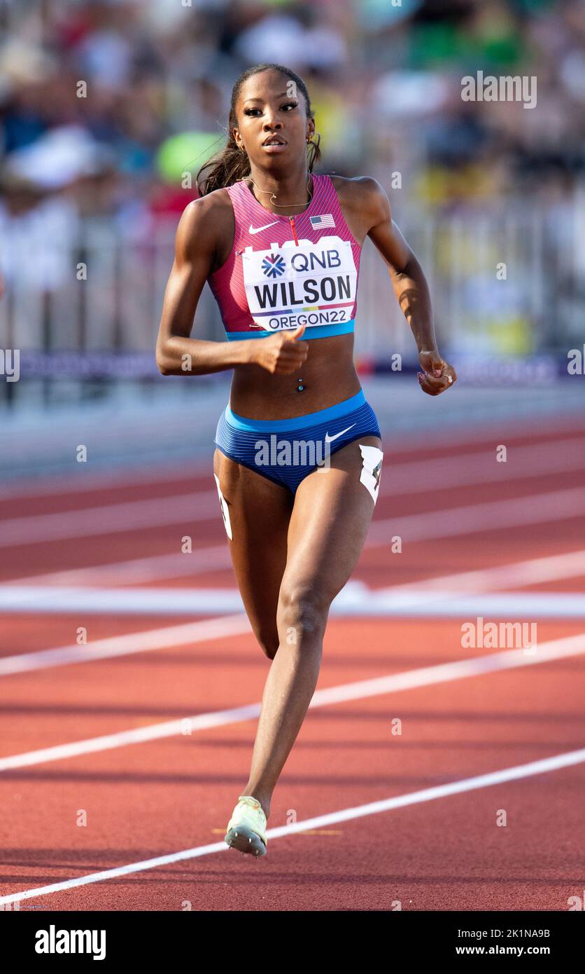 Britton Wilson of the USA competing in the women’s 400m hurdles at the ...