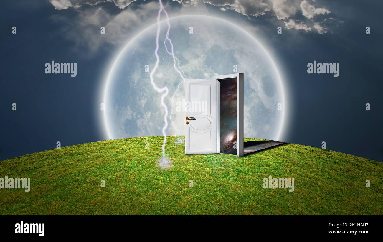 Surreal art. Door to another world. 3D rendering Stock Photo - Alamy