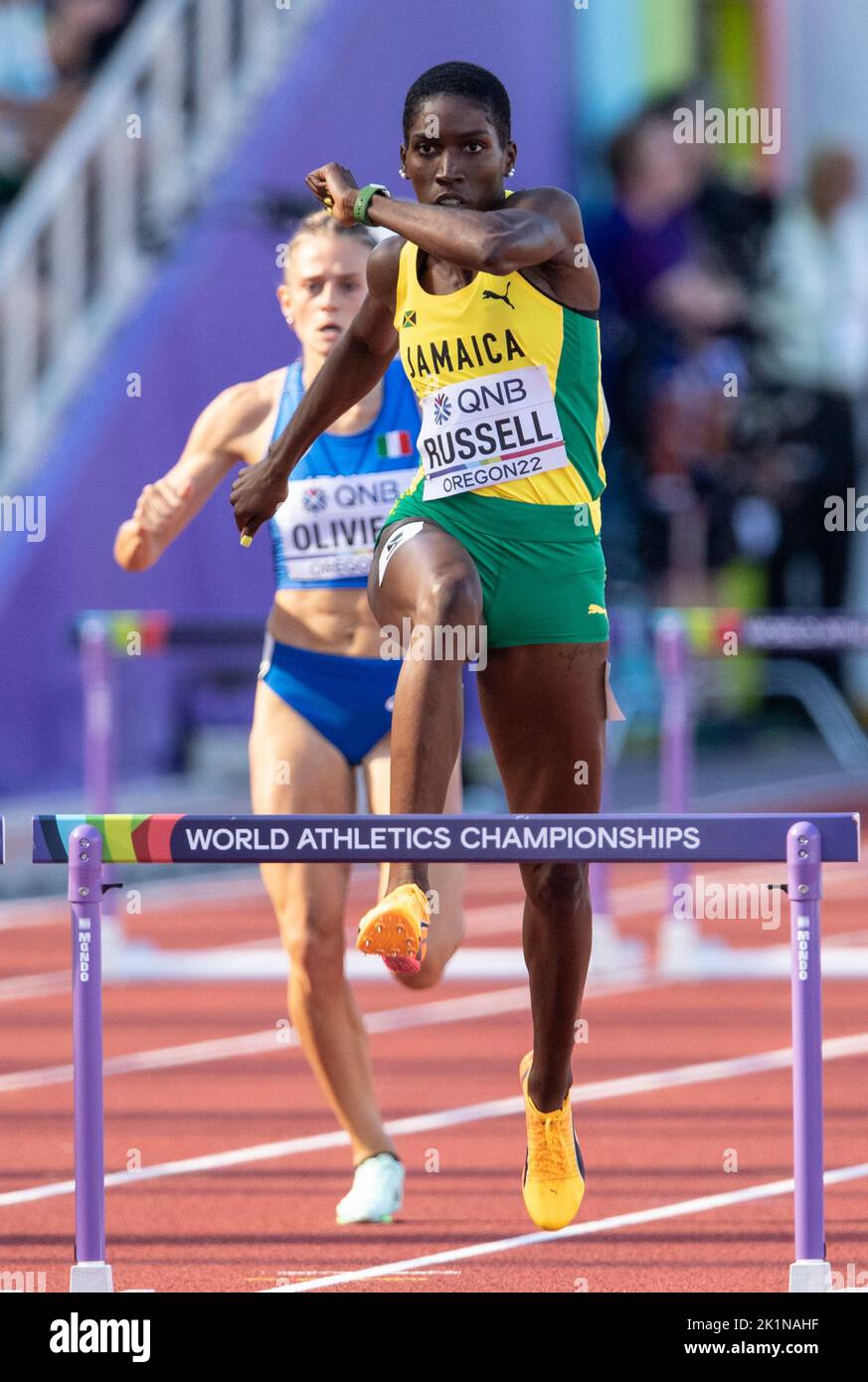 Janieve Russell of Jamaica competing in the women’s 400m hurdles at the ...