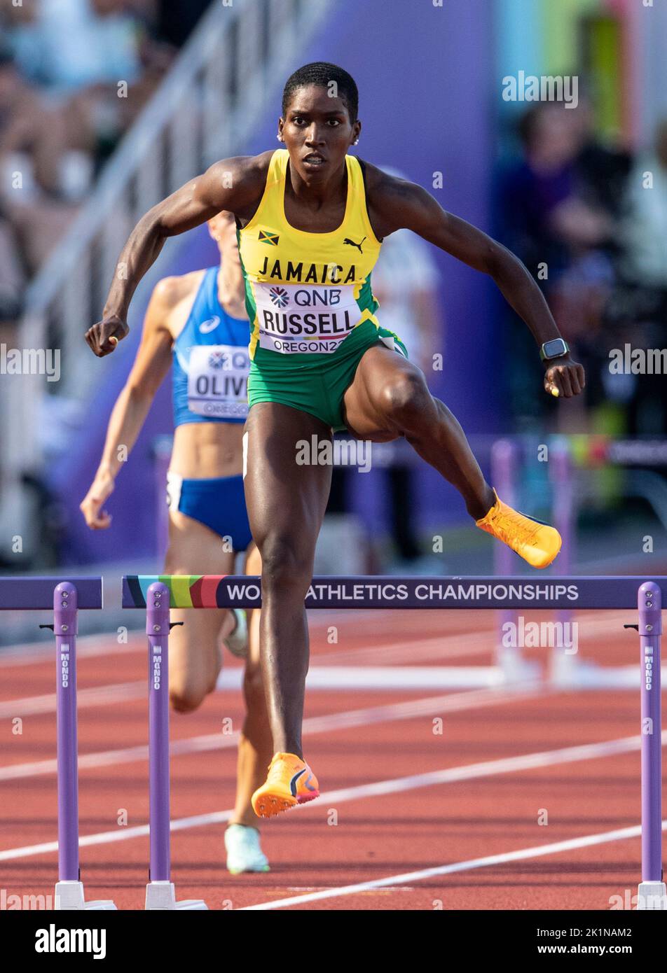 Janieve Russell of Jamaica competing in the women’s 400m hurdles at the ...