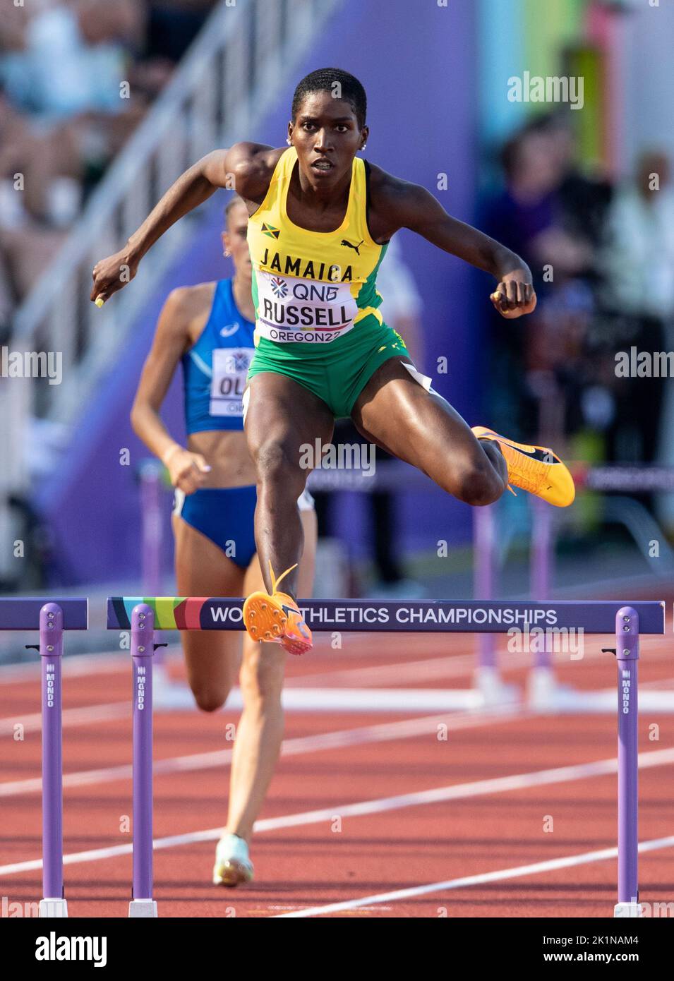 Janieve Russell of Jamaica competing in the women’s 400m hurdles at the ...