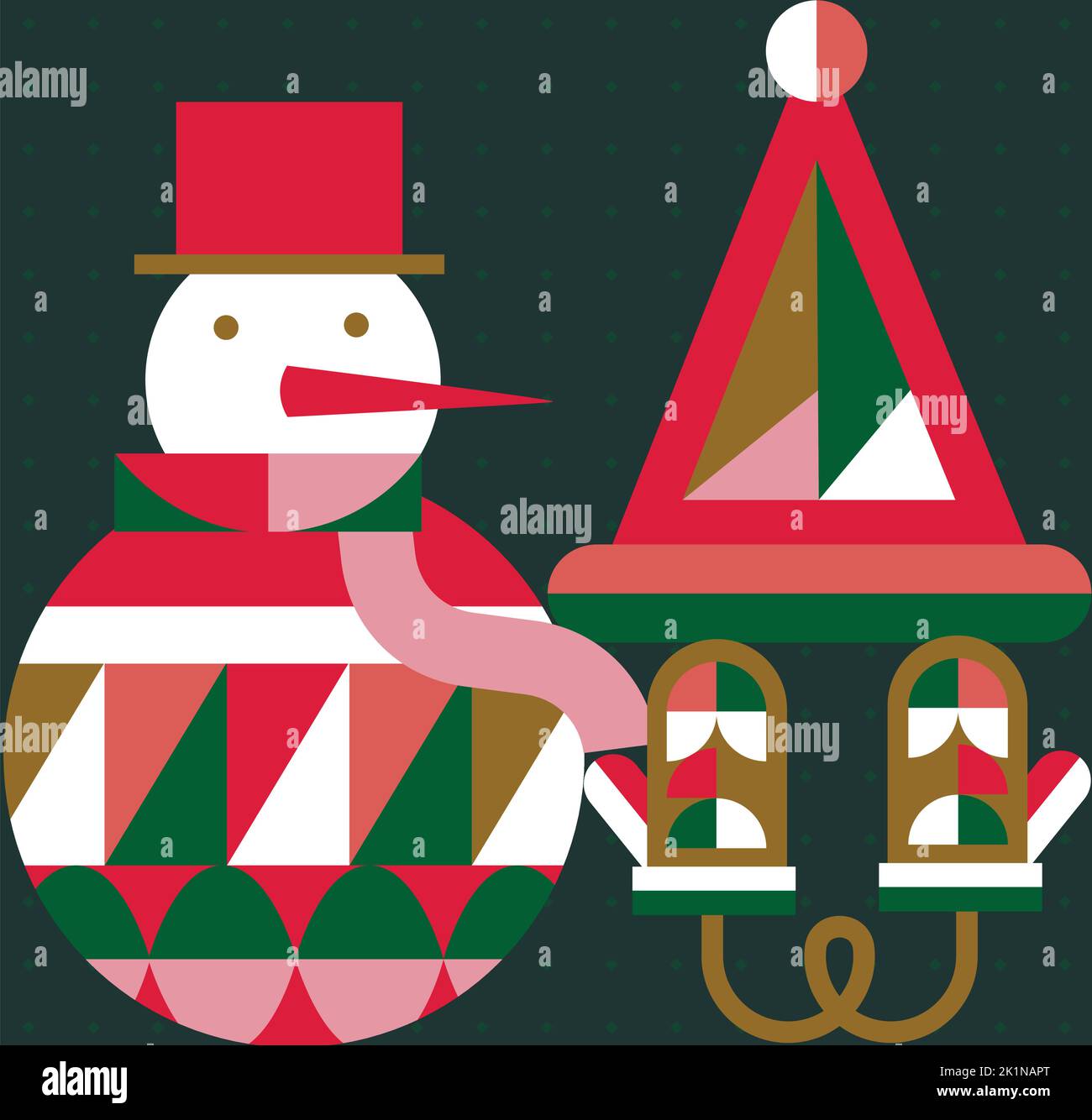 Poster Christmas snowman and gloves in cubism style drawing on green ...