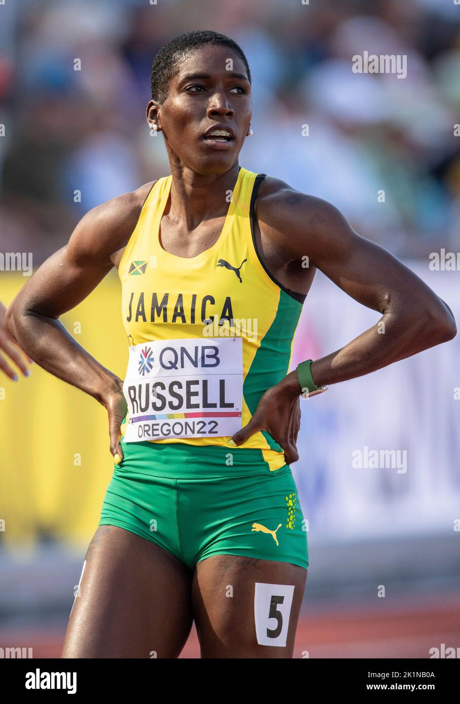 Janieve Russell of Jamaica competing in the women’s 400m hurdles at the ...