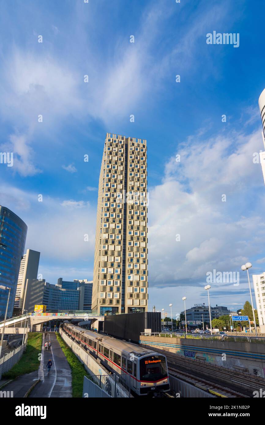 Wien, Vienna: DC Tower 3, subway line U1, rainbow in 22. Donaustadt ...