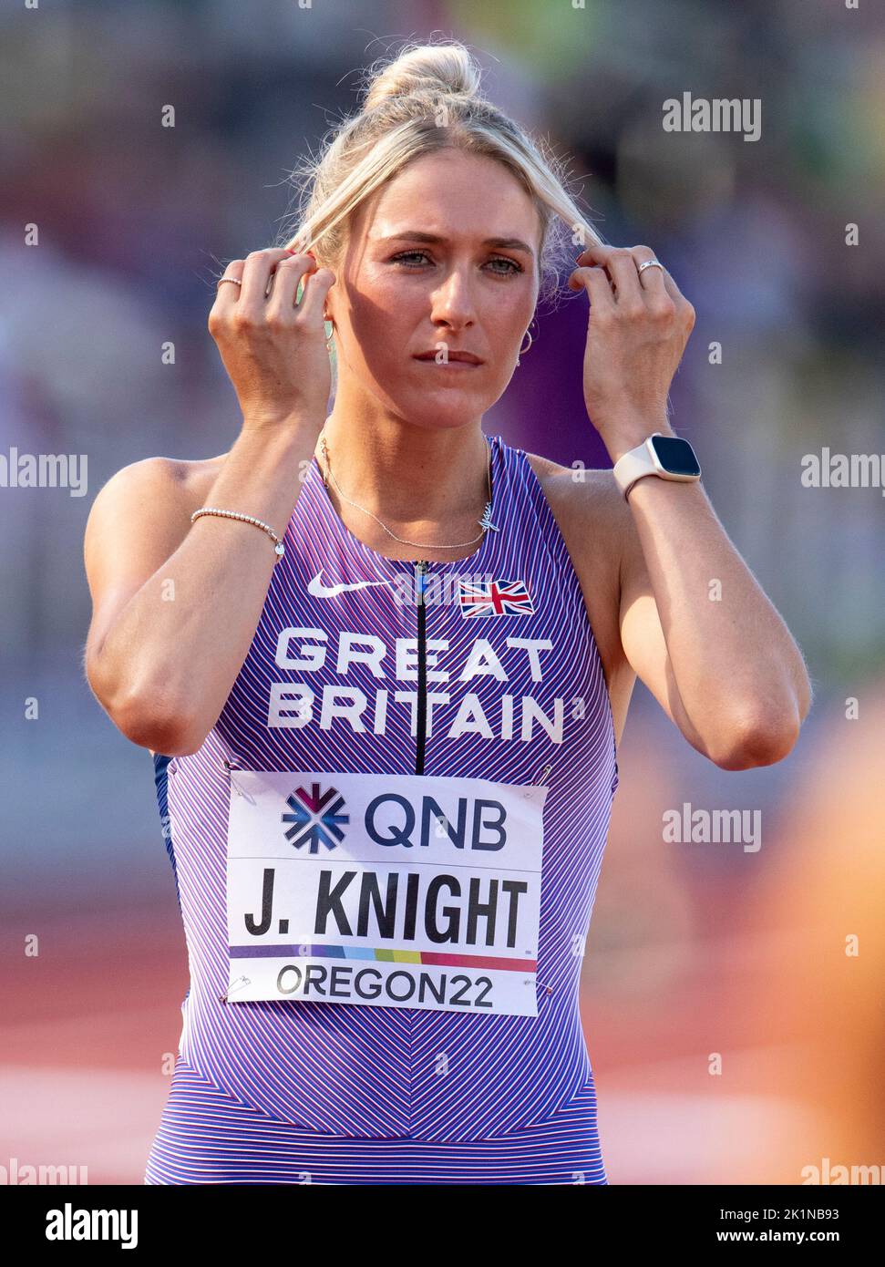 Jessie Knight of GB&NI competing in the women’s 400m hurdles at the ...