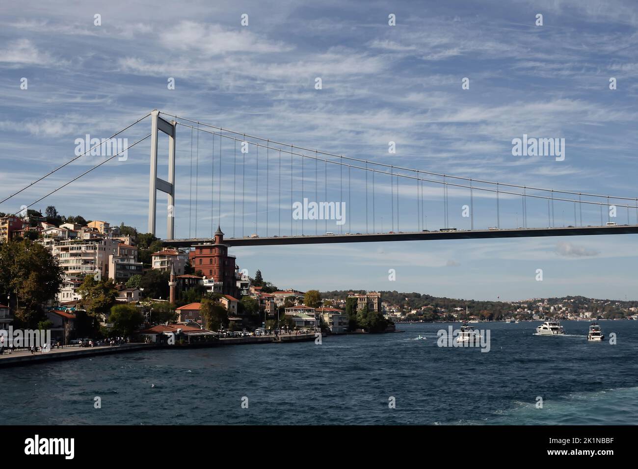 View of boats on Bosphorus, Rumeli Hisari neighborhood on European side ...
