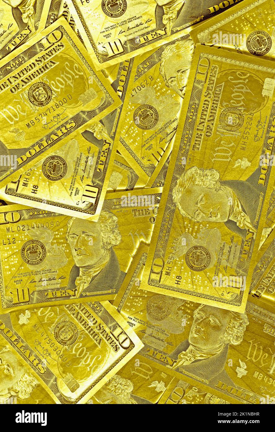 Pop art surreal style metallic gold colored heap of United States ten ...