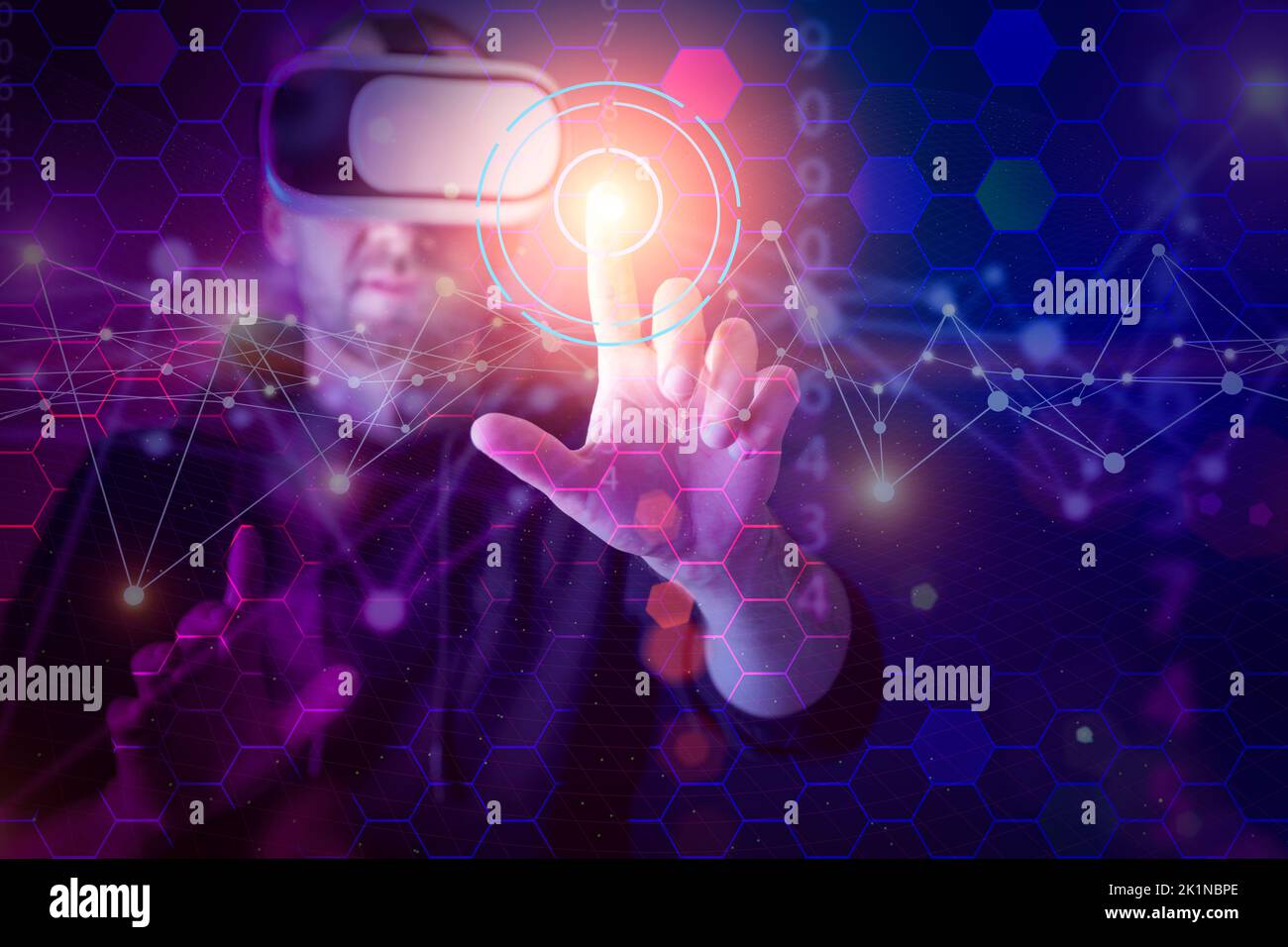 VR technology digital background. Man uses virtual reality glasses and ...