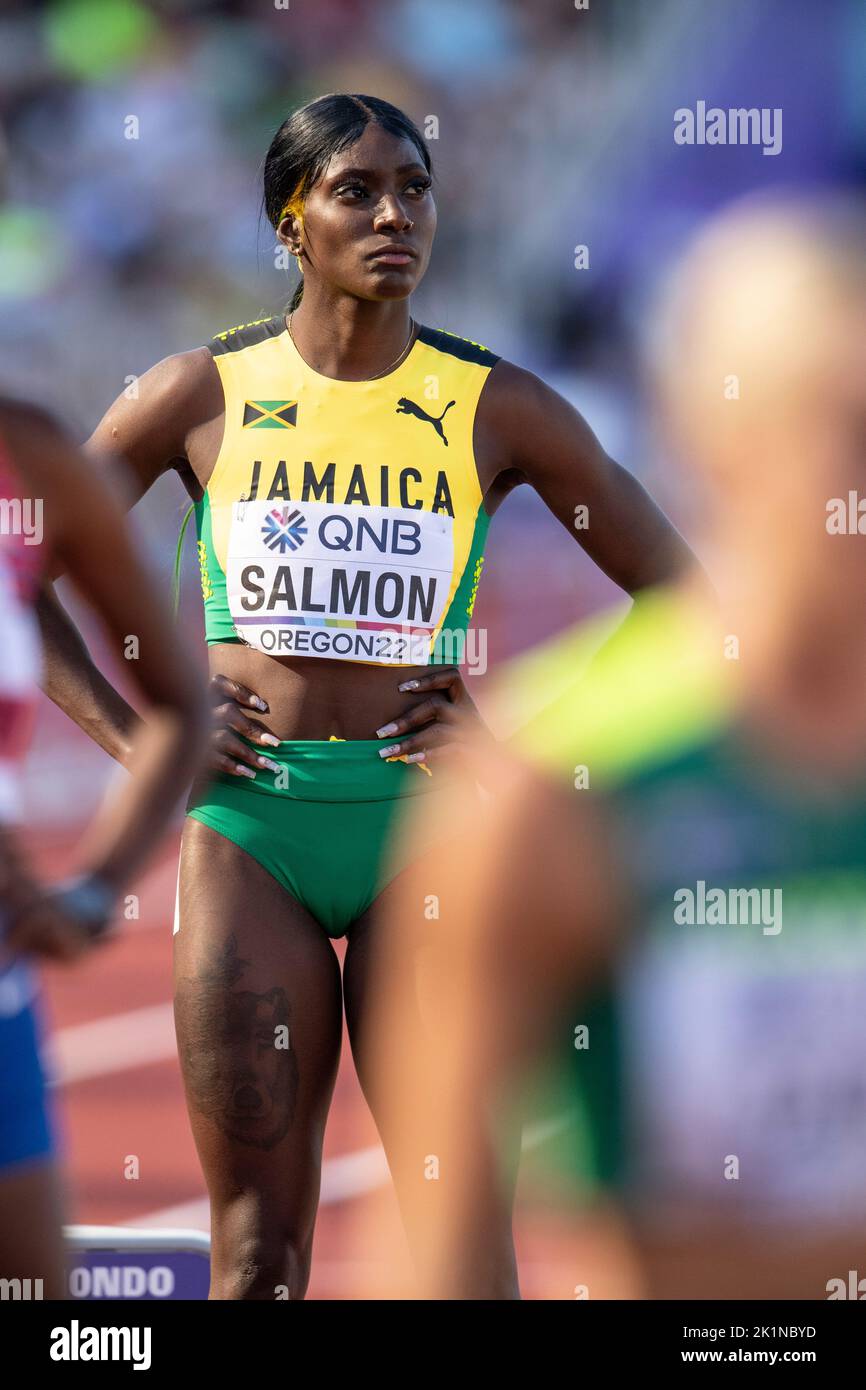 Shiann Salmon of Jamaica competing in the women’s 400m hurdles at the World Athletics ...