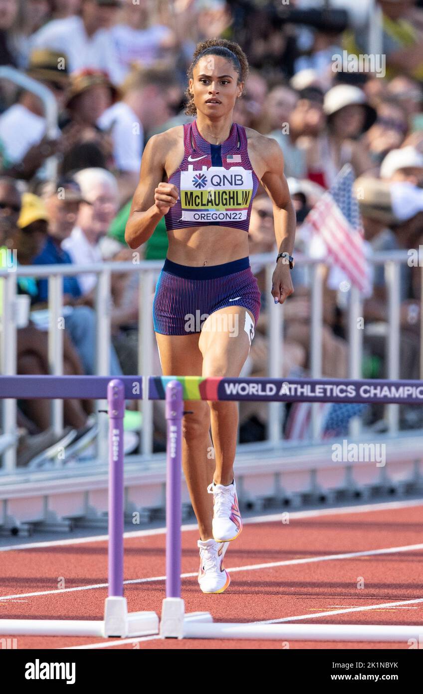 Sydney McLaughlin of the USA competing in the women’s 400m hurdles at ...