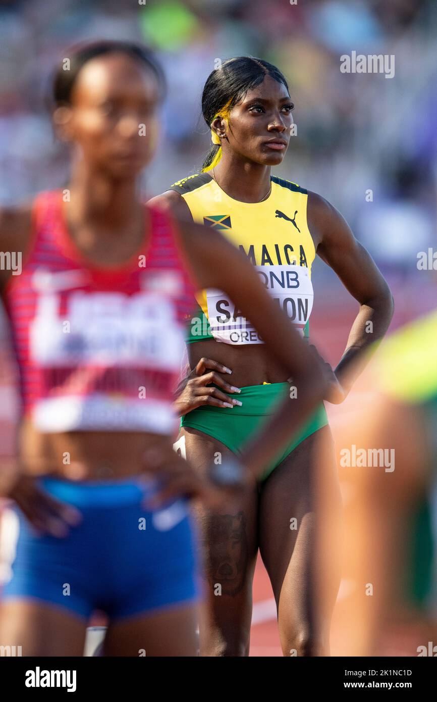 Shiann Salmon of Jamaica competing in the women’s 400m hurdles at the ...