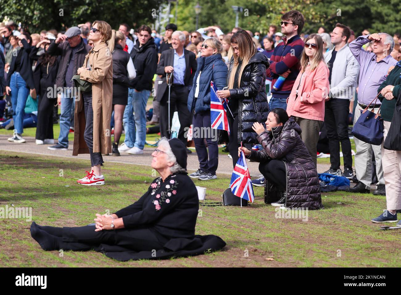 Thousands of members of the public watch the state funeral of Queen Elizabeth II on big screens ...