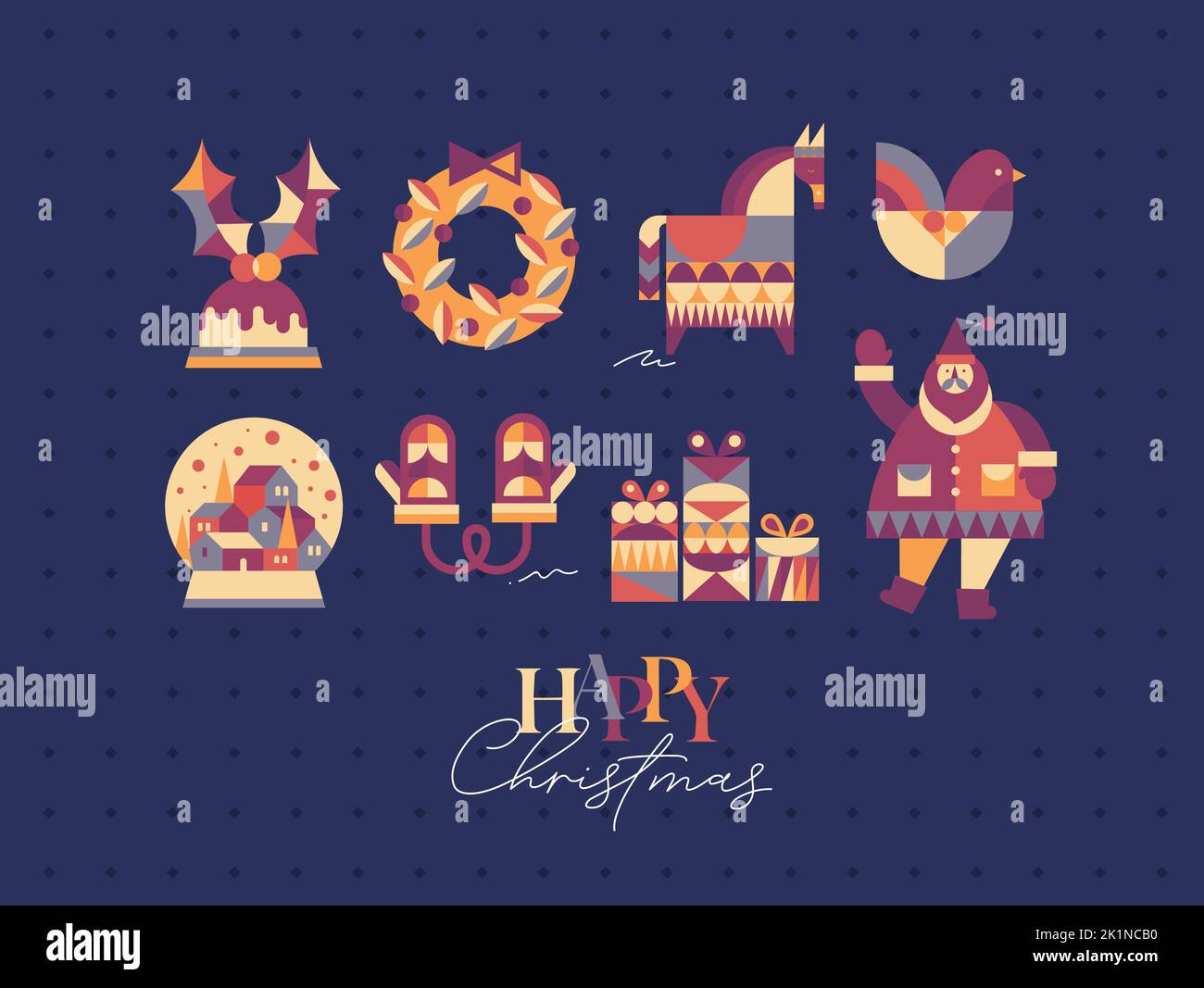 Set of Christmas symbols in cubism style gloves, wreath, gifts, winter ...