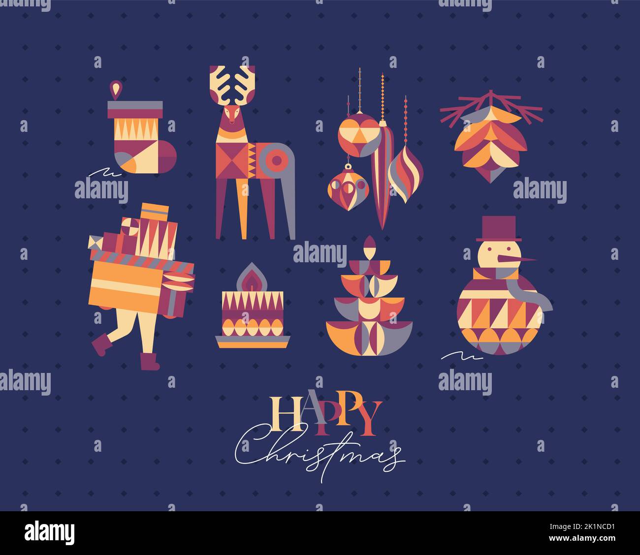 Set of Christmas symbols in cubism style sock, tree, cone, tree ...